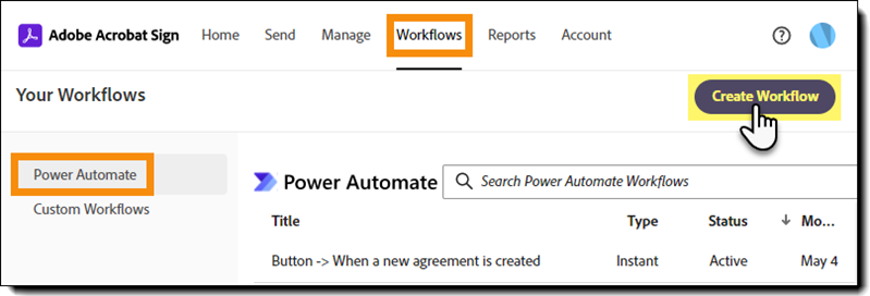 Create a new Power Automate flow in the Acrobat Sign environment